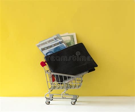 Wallet With Money Shopping Cart On Colorful Background Space For Text