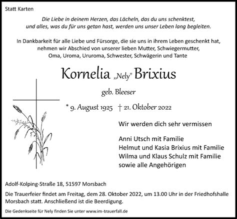Traueranzeigen Von Brixius Brixius Wirtrauern