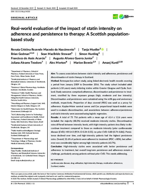Pdf Real‐world Evaluation Of The Impact Of Statin Intensity On Adherence And Persistence To
