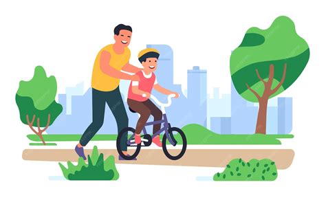 Ojciec Uczy Syna Jeździć Na Rowerze W Parku Trening Rowerowy Chłopcy