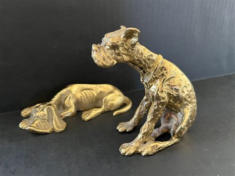 Two Vintage Solid Brass Dogs Selling Separately Reclining Hound