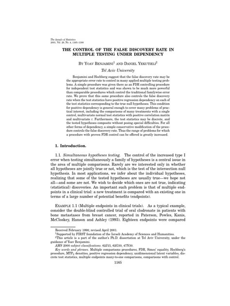 Benjamini Y Yekutieli 2001 The Control Of The False Discovery Rate In Multiple Testing Under