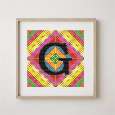 Letter G Cross Stitch Alphabet Pattern In Black On A Multicoloured