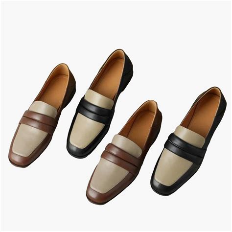 Mocassins Bicolores à Talon Carré En Cuir Véritable Pour Femme • Mon