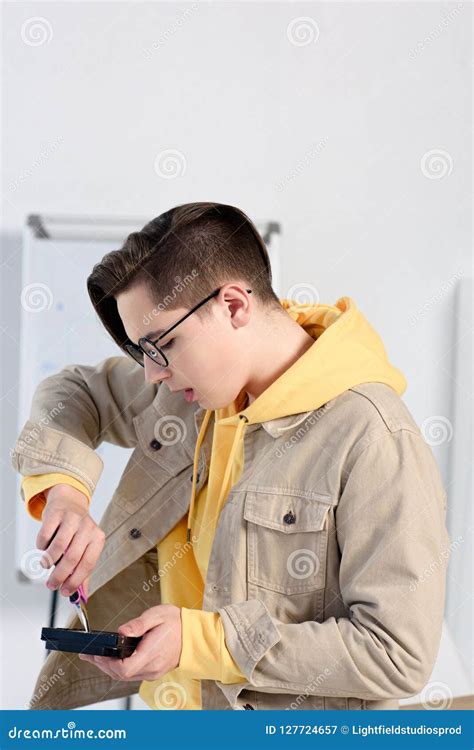 Teen Boy Fixing Computer Circuit Stock Image Image Of Technical