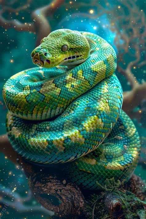 Vibrant Green Tree Python Coiled On Branch With Surreal Fantasy Forest