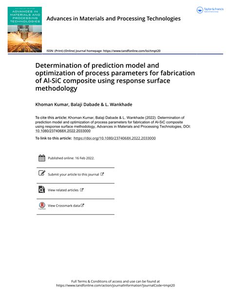 Pdf Determination Of Prediction Model And Optimization Of Process Parameters For Fabrication