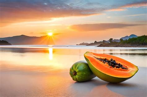 Premium Ai Image A Melon With A Sunset In The Background
