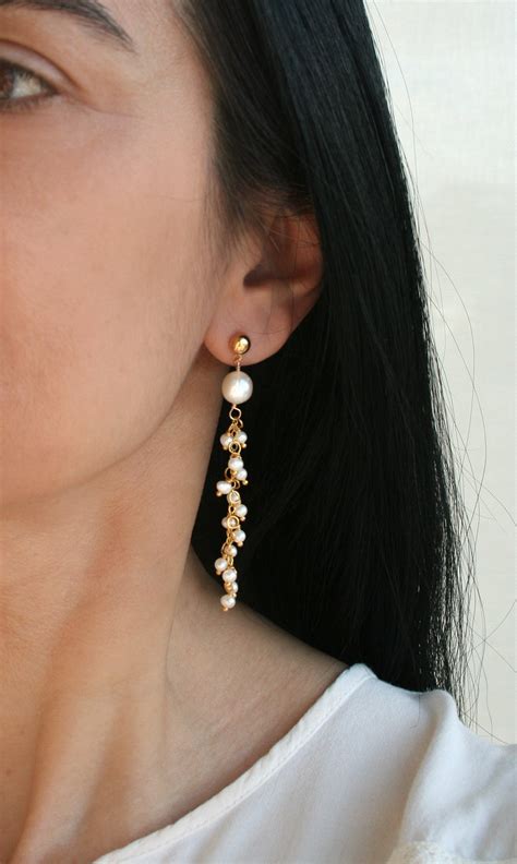 Pearl Wedding Dangle Earrings Long Bridal Jewelry 14k Gf Etsy
