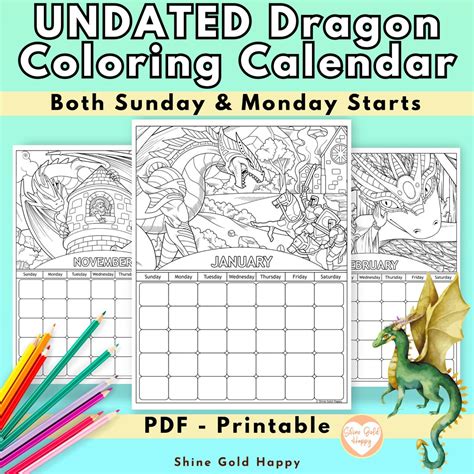 Undated Dragons Coloring Calendar Printable Monthly Calendars Pdf