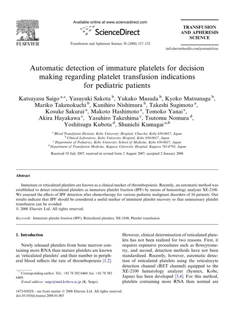 Pdf Automatic Detection Of Immature Platelets For Decision Making Regarding Platelet