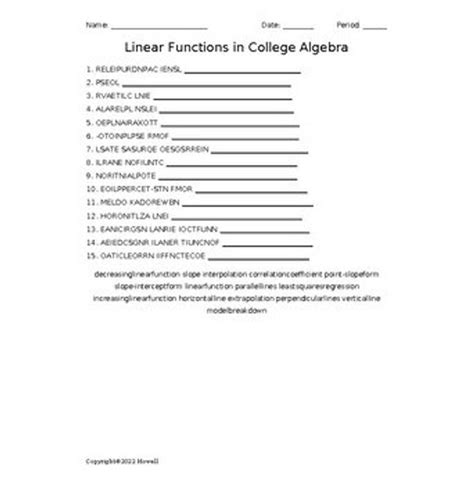 Linear Functions In College Algebra Vocabulary Word Search Amped Up