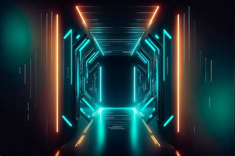 Premium Photo Abstract Metallic Light Tunnel Corridor With Neon
