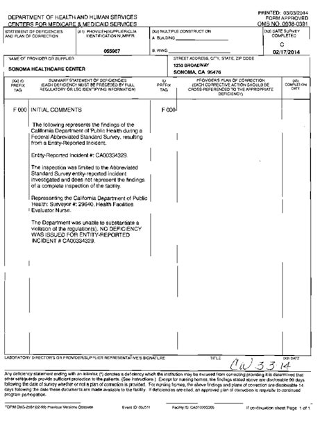 Fillable Online Statement Of Deficiencies And Plan Of Correction Fax