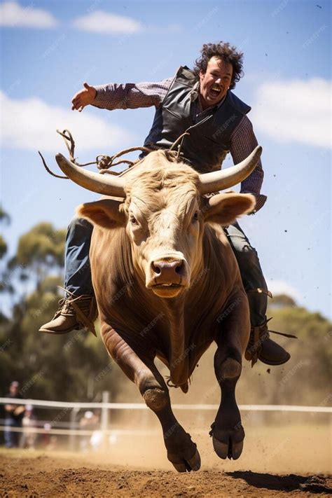 Premium Photo A Man Riding A Bull With A Rope Around His Neck