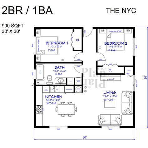 2br 1ba 900 Sq Ft Floor Plan 30 X 30 The Nyc Inspire Uplift Artofit