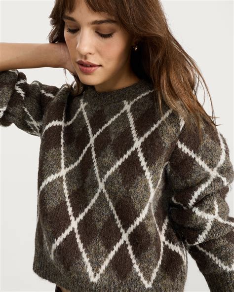 The Fandf Edit Knitted Argyle Pattern Jumper With Wool In Brown Tesco