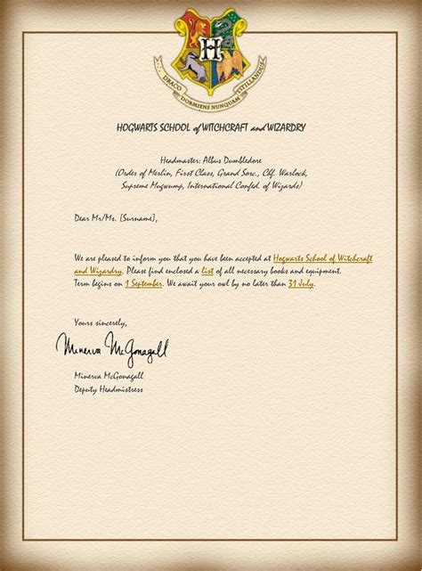 Hogwarts Letter Of Acceptance Printable