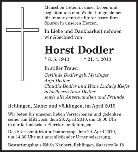Traueranzeigen Von Horst Dodler Trauer De