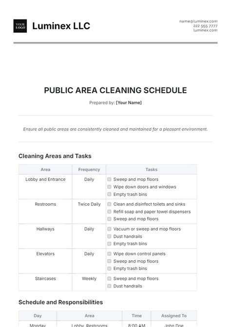 Free Public Area Cleaning Schedule Template To Edit Online