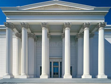 Neoclassical Temple White Facade Columns Steps Blue Sky Architectural Detail Classical