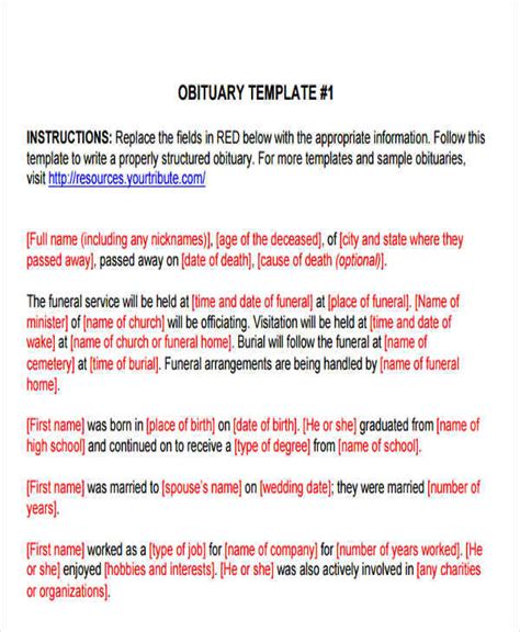 Downloadable Sample Obituary Templates Master Of Template Document