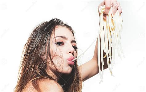 Beautiful Girl With Spaghetti On Mouth Hungry Girl Have Italian Food