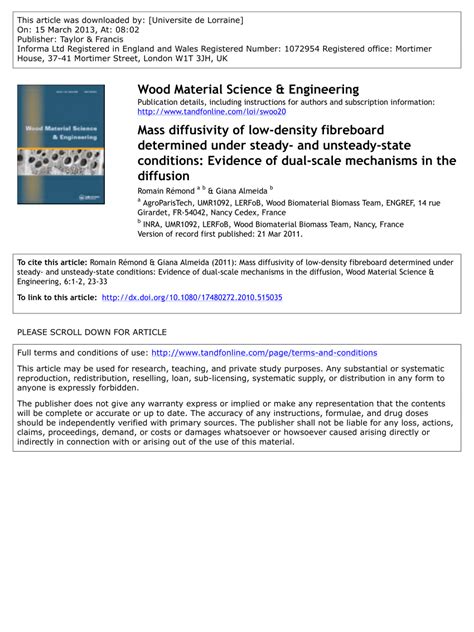 Pdf Mass Diffusivity Of Low Density Fibreboard Determined Under