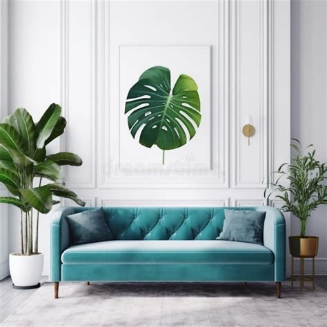 Teal Colored Sofa With White Wall And Tropical Plants Background