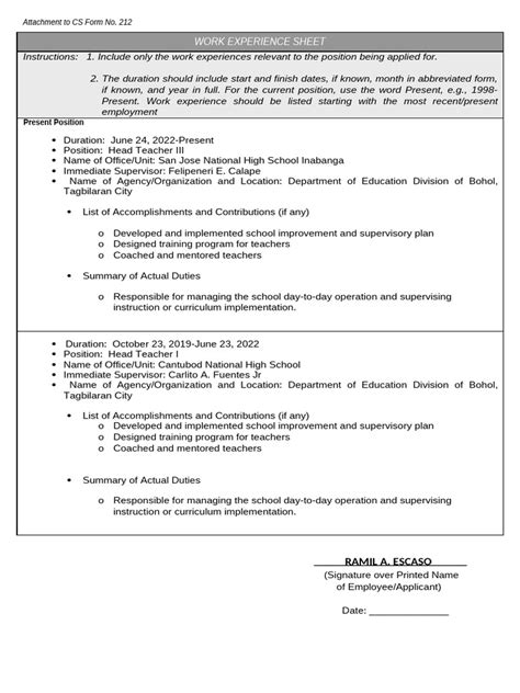 Cs Form No 212 Attachment Work Experience Sheet Pdf