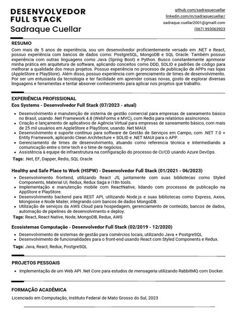 Curriculo Dev Full Stack Sadraque Cuellar Pdf Aplicativo Para Celular Postgre Sql