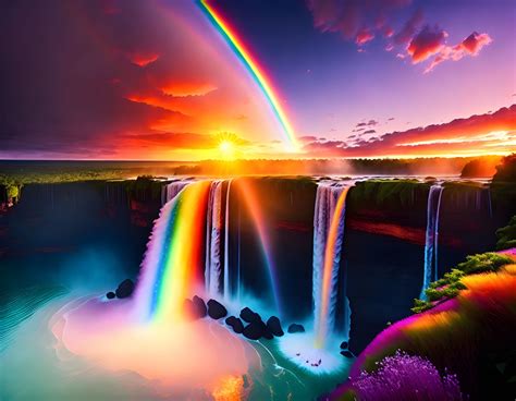 Rainbow Over Majestic Waterfall At Sunset With Vivid Colors Deep