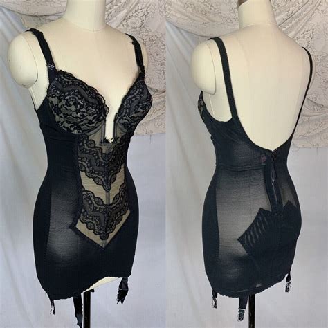 Vintage 1950s 1960s Lady Marlene Black Lace Corselette Deep Plunge