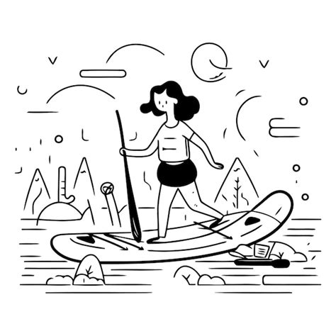 Premium Vector A Drawing Of A Woman On A Surfboard With A Paddle And