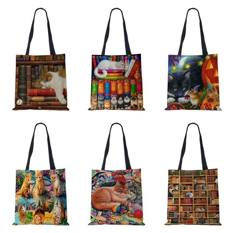 캔버스 숄더 백 여성용 만화 고양이 하라주쿠 2022 에코 재사용 대용량 캐주얼 핸드백 쇼핑 여행 토트 북 백 Aliexpress