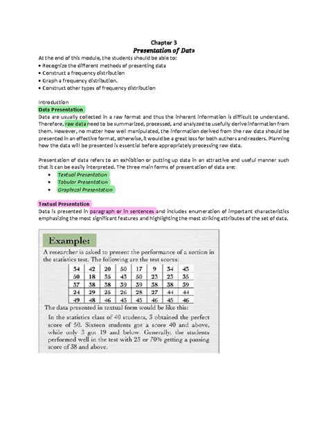 Chapter 3 statistics chapter 3 Chapter 3 𝑃𝑟𝑒𝑠𝑒𝑛𝑡𝑎𝑡𝑖𝑜𝑛 𝑜𝑓 𝐷𝑎𝑡a At the end of this module the