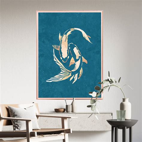 Gold Blue Koi Fish Wall Art Print Landscape Silhouette By Sarah