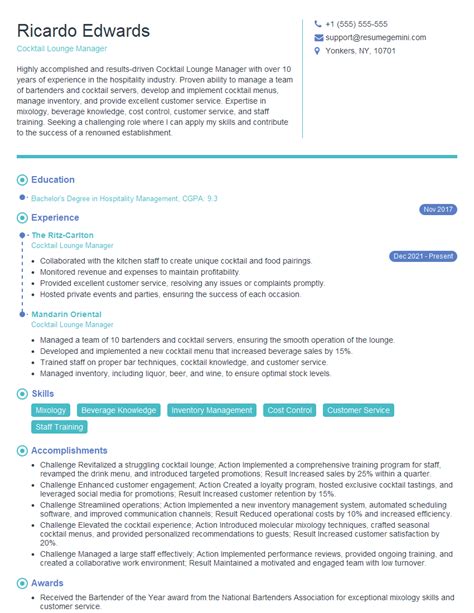 Cocktail Lounge Manager Resume Template Resumegemini Online Resume