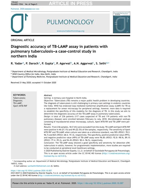 Pdf Diagnostic Accuracy Of Tb Lamp Assay In Patients With Pulmonary Tuberculosisa Case