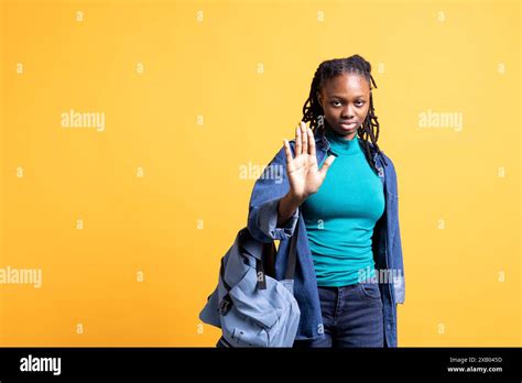 Assertive African American Woman Doing Stop Hand Gesture Annoyed Bipoc Person Doing Firm Halt