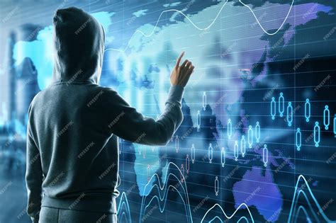 Premium Photo Hacker Using Glowing Stock Chart And World Map