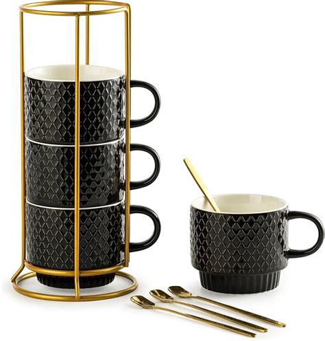 Gomakren Coffee Mugs Set Of 4 13 Ounce Stackable Coffee Mug Set With Stand