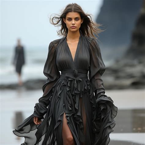 A Natural Looking Female Model Wearing A Sheer Black Dress With Soft