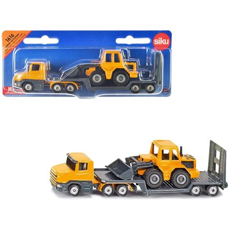 Truck With Low Loader Trailer And Front Loader Yellow Diecast Model By