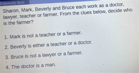 Solved Edgenuity Quiz Sharon Mark Beverly And Bruce Each Work As A