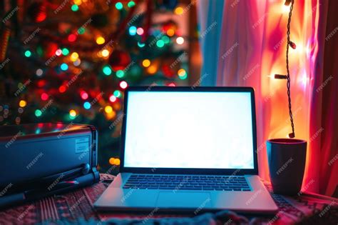 A Laptop Mockup White Screen Glowing Decor And A Dim Light From A Lamp