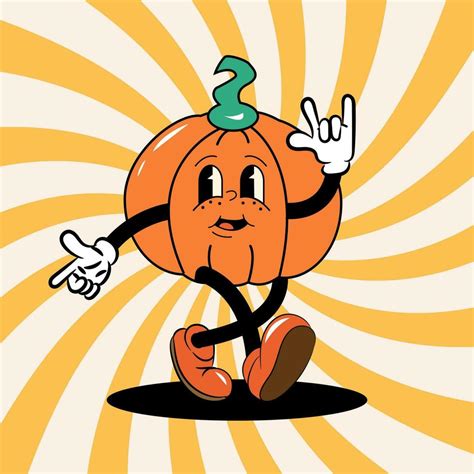 Funny Retro Illustration With Retro Cartoon Pumpkin Character In Groovy