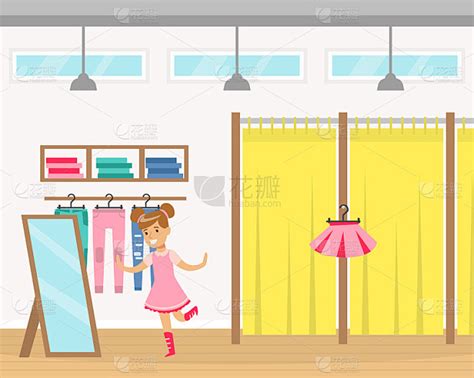 可爱的小女孩在服装店试衣间试穿粉红色连衣裙卡通矢量插图
