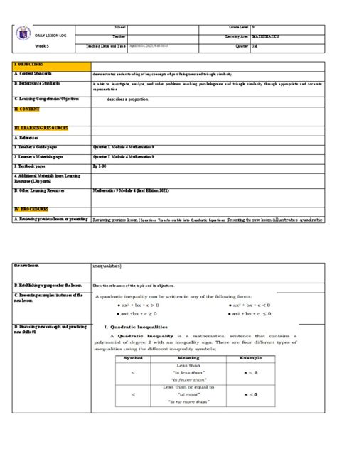 Math 9 Dll Pdf Mathematics Quadratic Equation