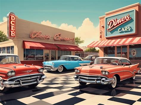 Classic Cars And Diners Vintage And Retro Background Premium Ai